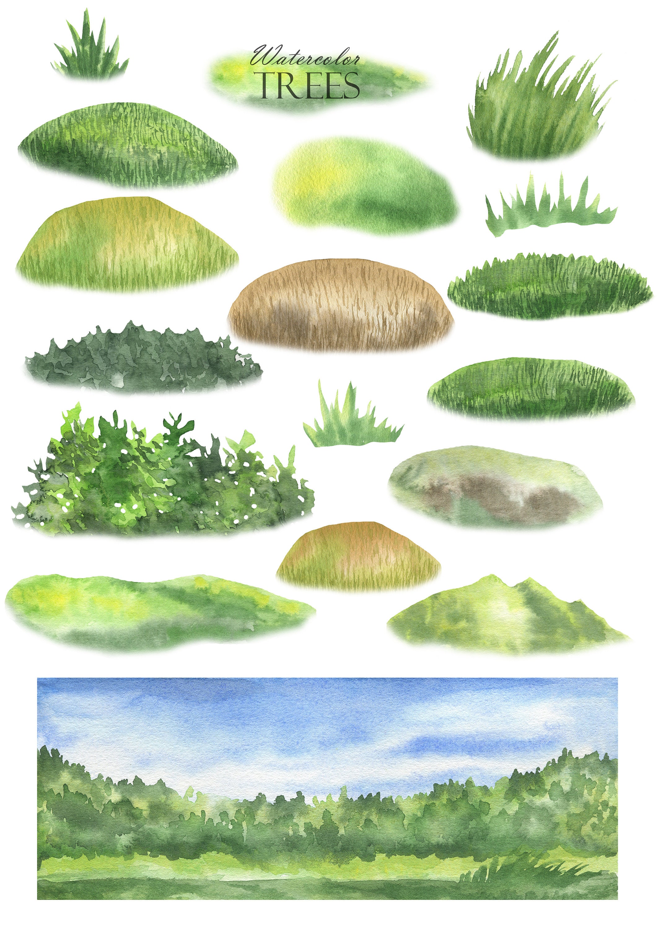 Green Trees Watercolor Clipart Forest Tree Landscape Clipart - Etsy