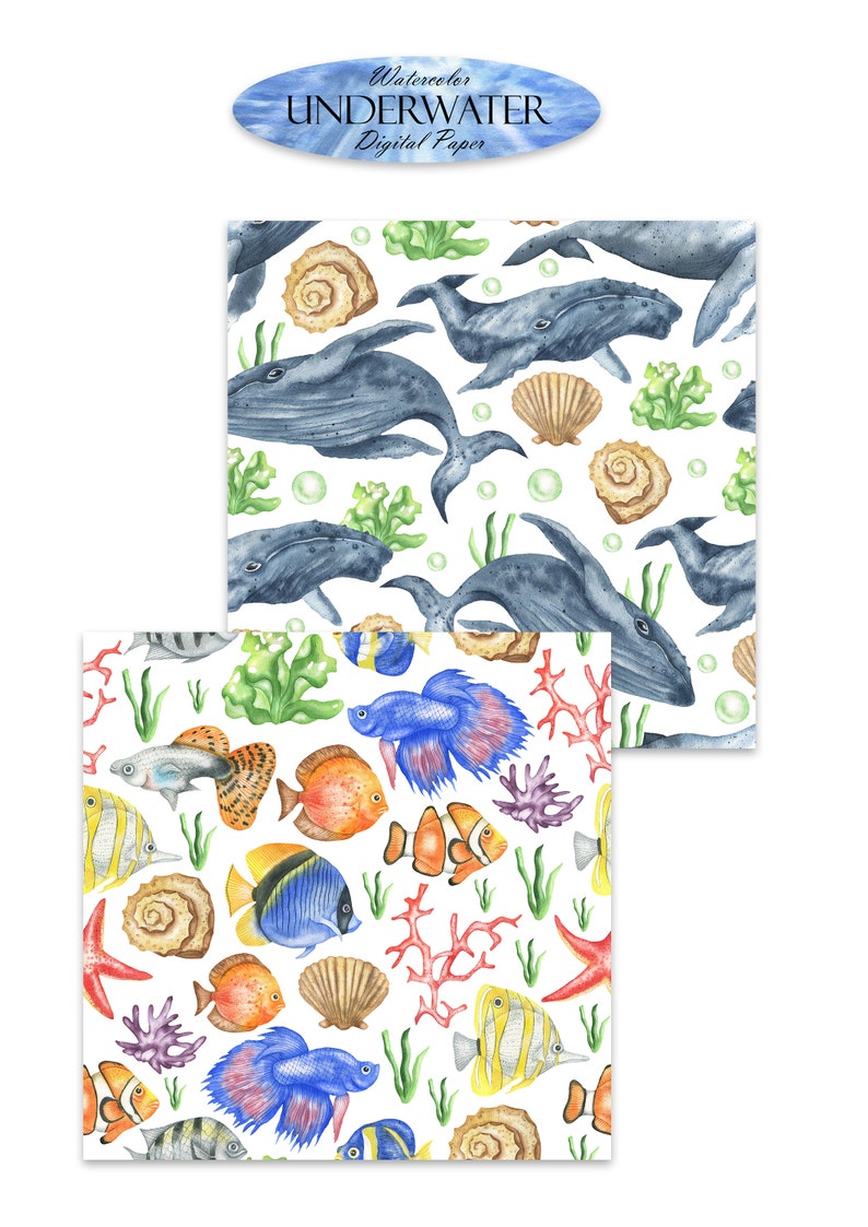 Watercolor Underwater Digital Paper, Whale Digital Paper, Sea Creatures ...
