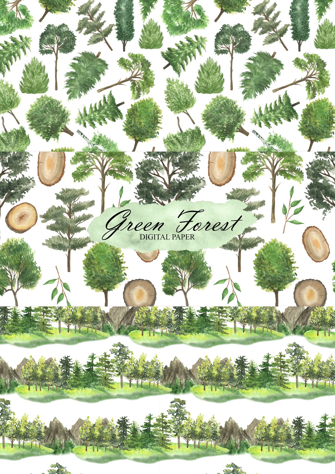 Green Forest Digital Paper, Watercolor Woodland Pine Trees Landscapes ...