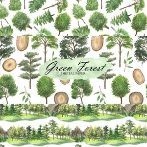 Green Forest Digital Paper, Watercolor Woodland Pine Trees Landscapes ...