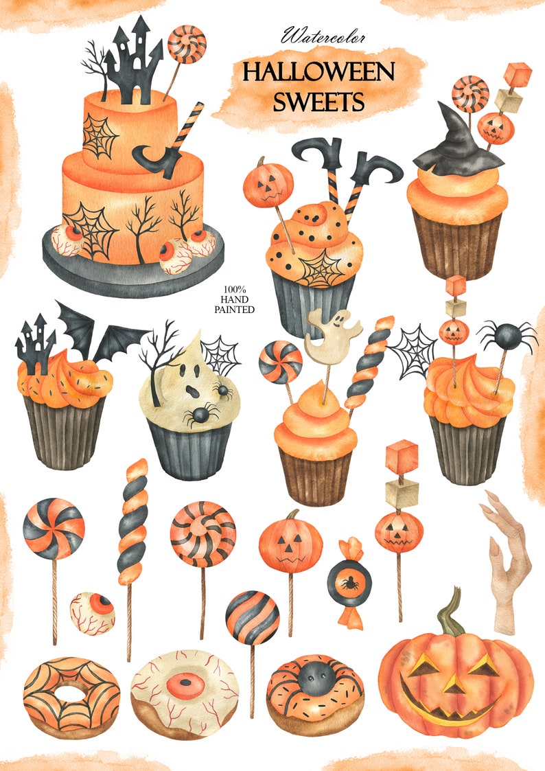 Watercolor Halloween Sweets Clipart, Halloween Party Clip Art, Holiday ...