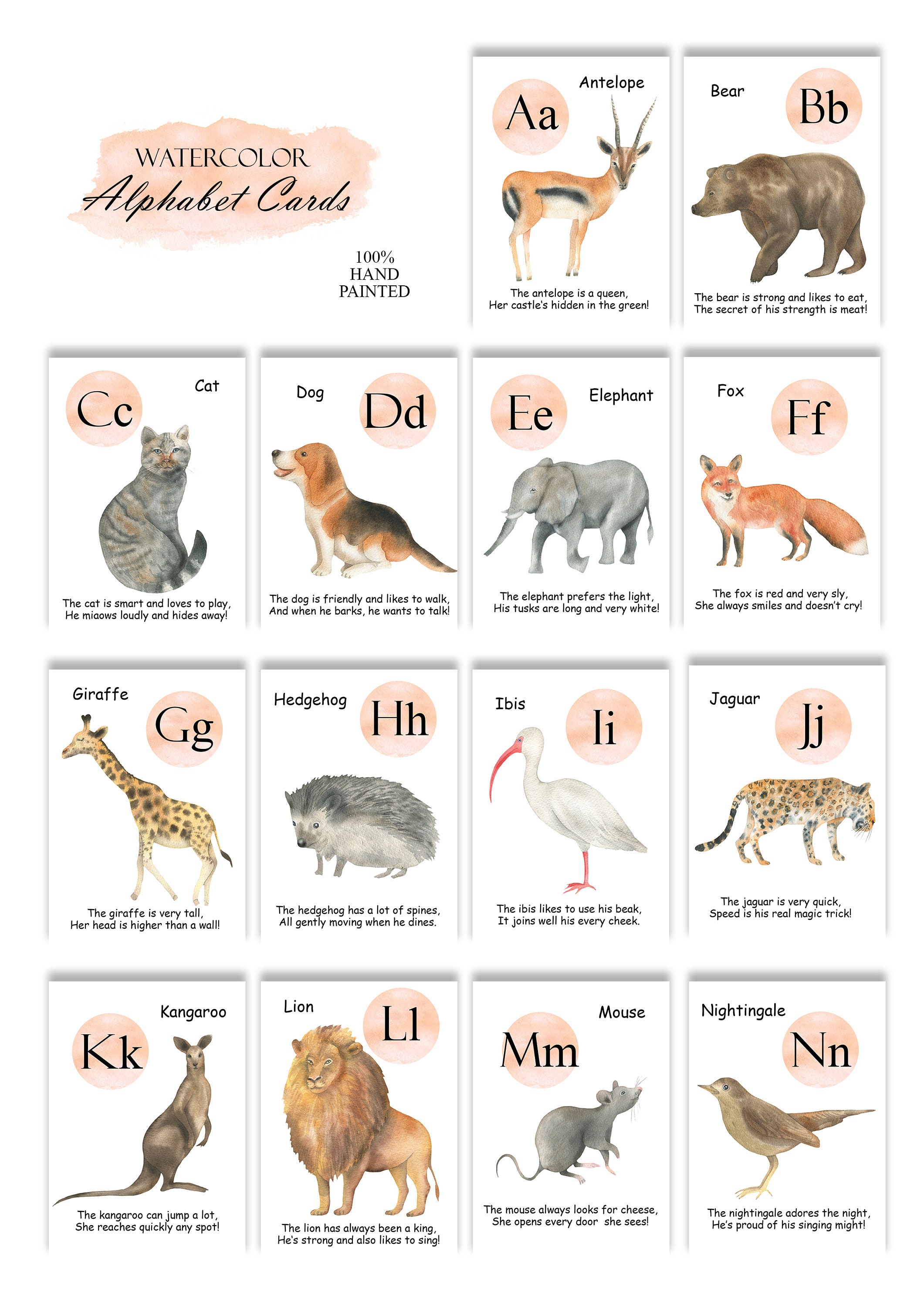 Watercolor Animal Alphabet ABC Card, Learning Letters, Printable ...
