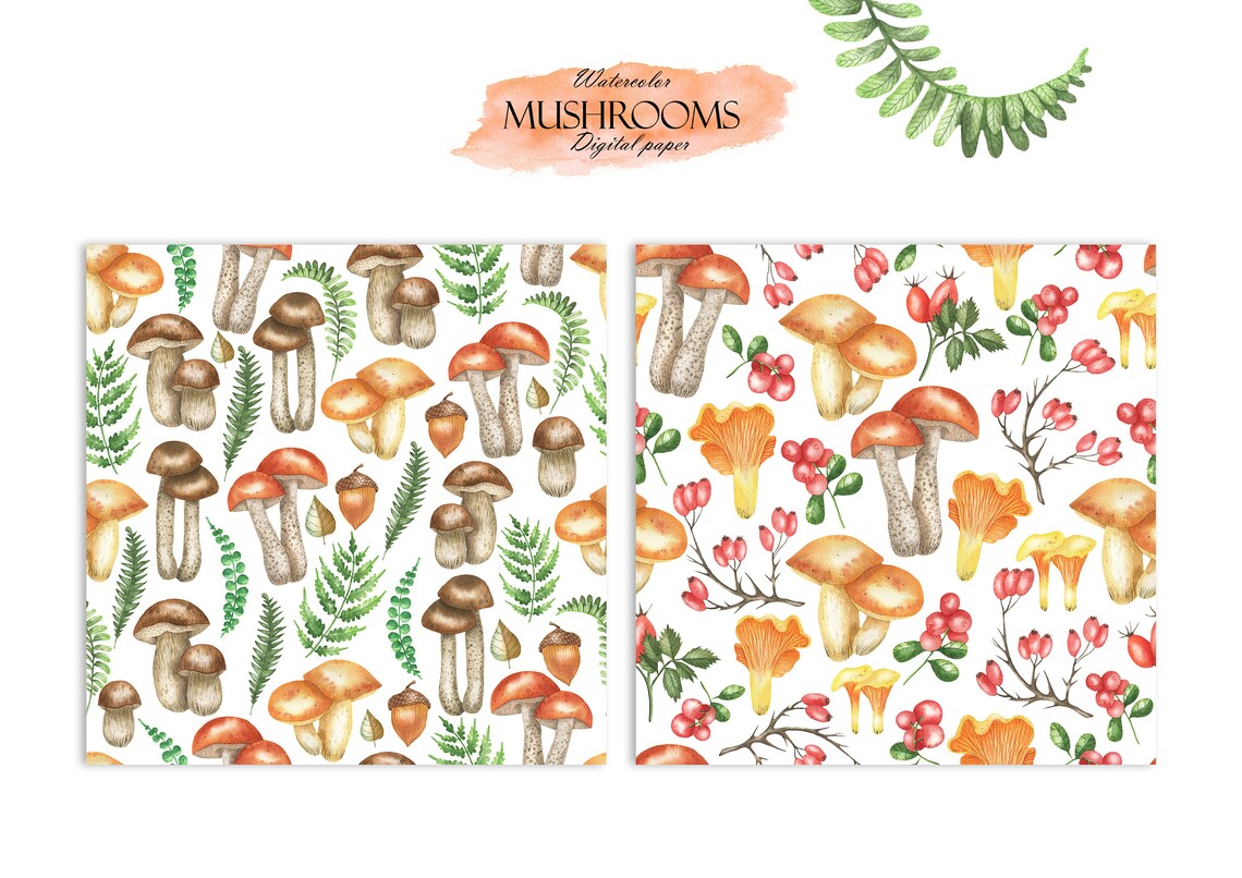 Watercolor Mushroom Digital Paper, Mushrooms Seamless Pattern, Forest ...