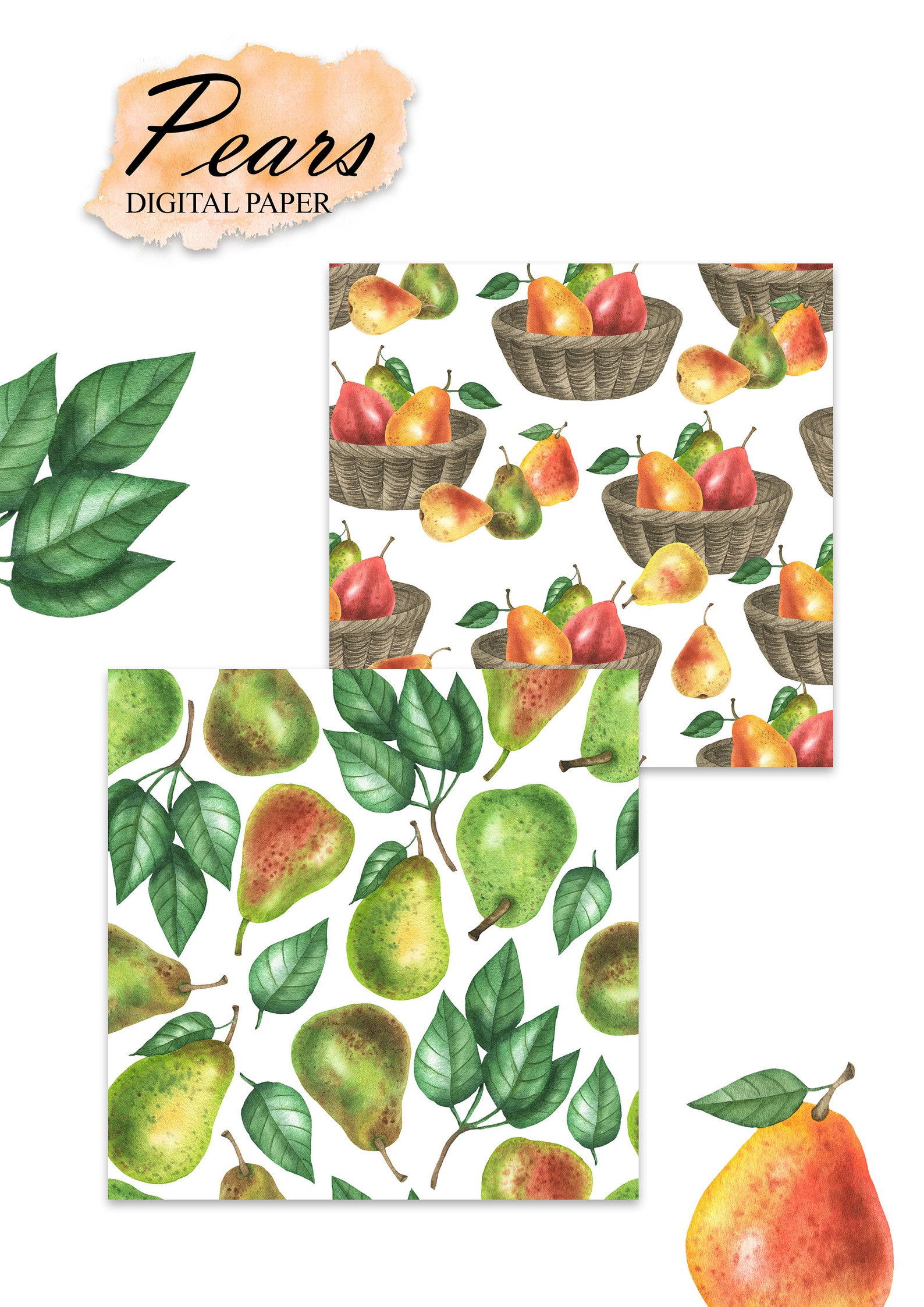 Watercolor Pears Digital Paper, Pear Seamless Pattern, Fruit Paper ...