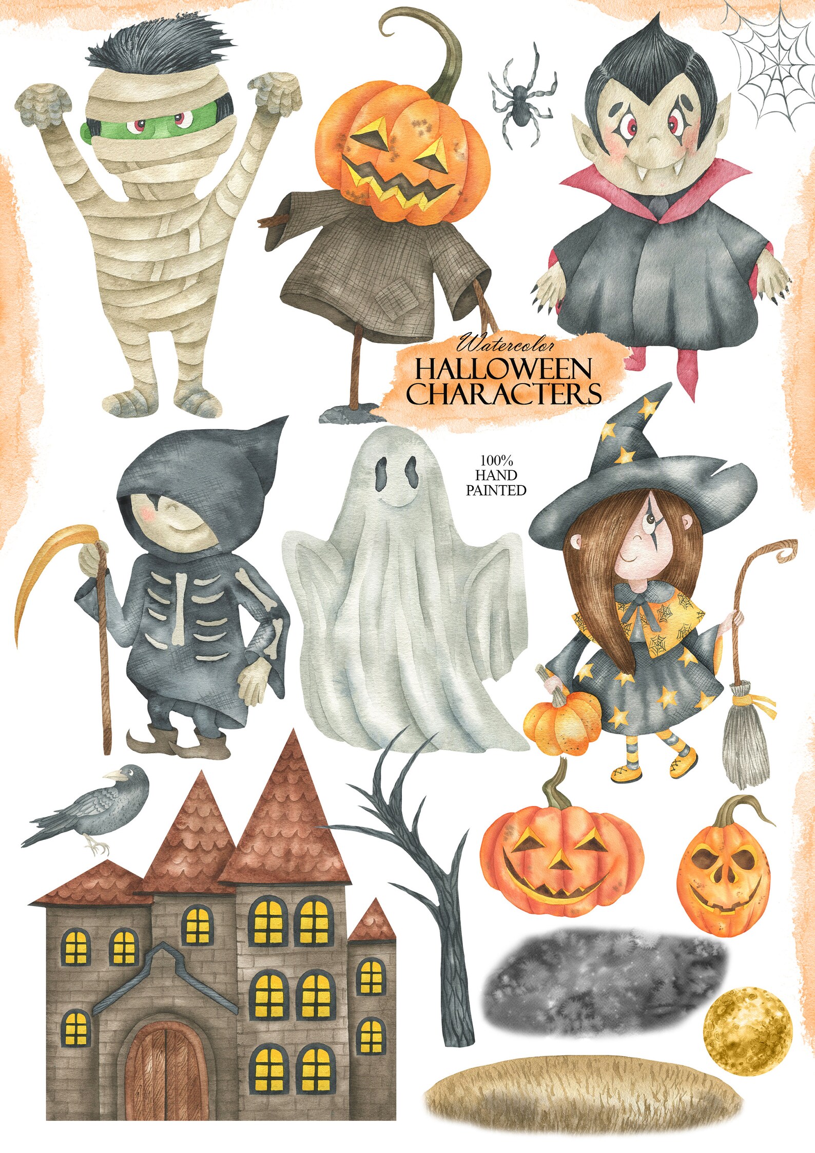 Watercolor Halloween Characters Clipart, Halloween Zombie, Witch ...