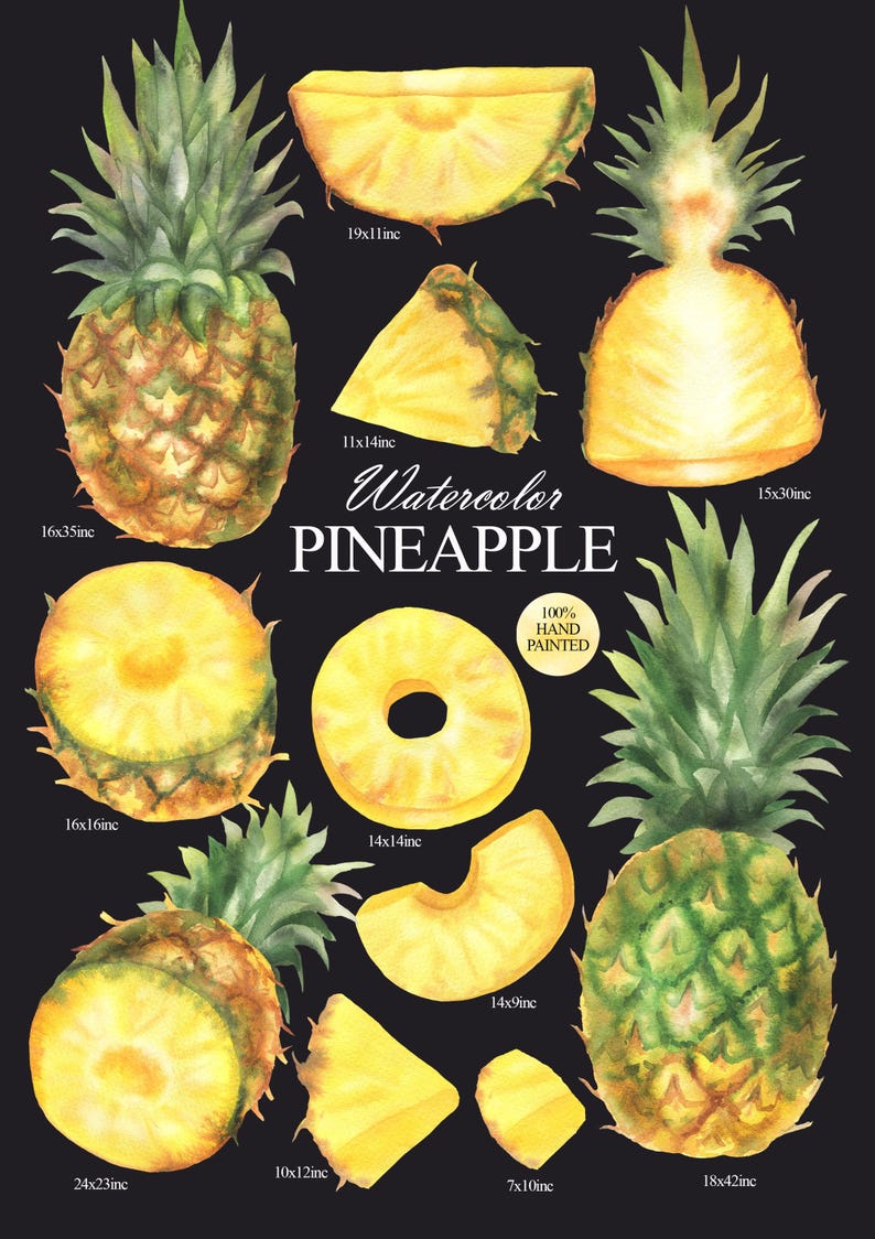 Tropical Watercolor Pineapple Clipart Set, Vibrant Pineapple Graphics ...
