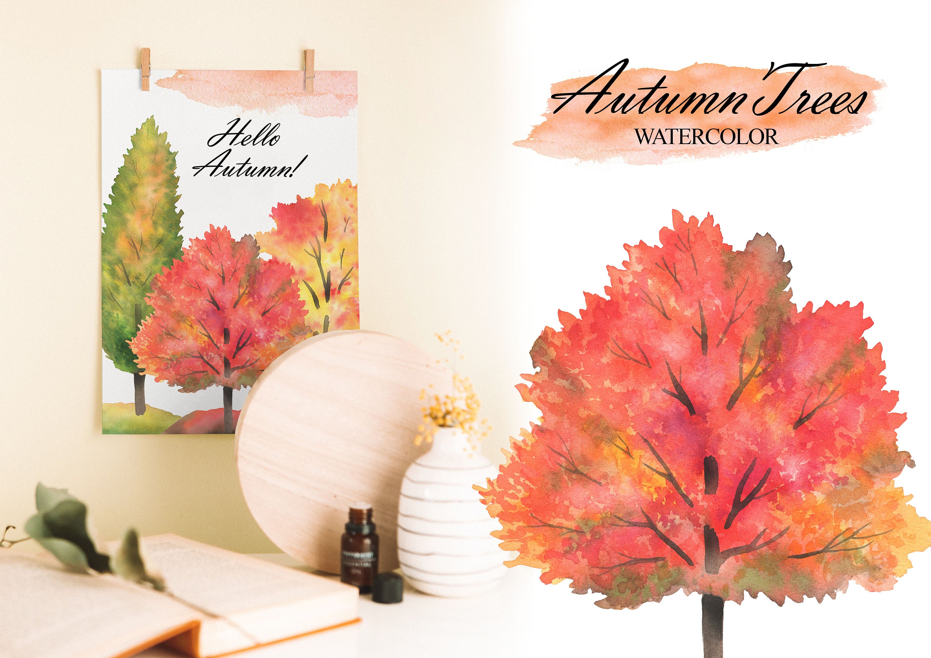 Watercolor Autumn Trees Clipart, Fall Tree Clip Art, Forest Trees ...