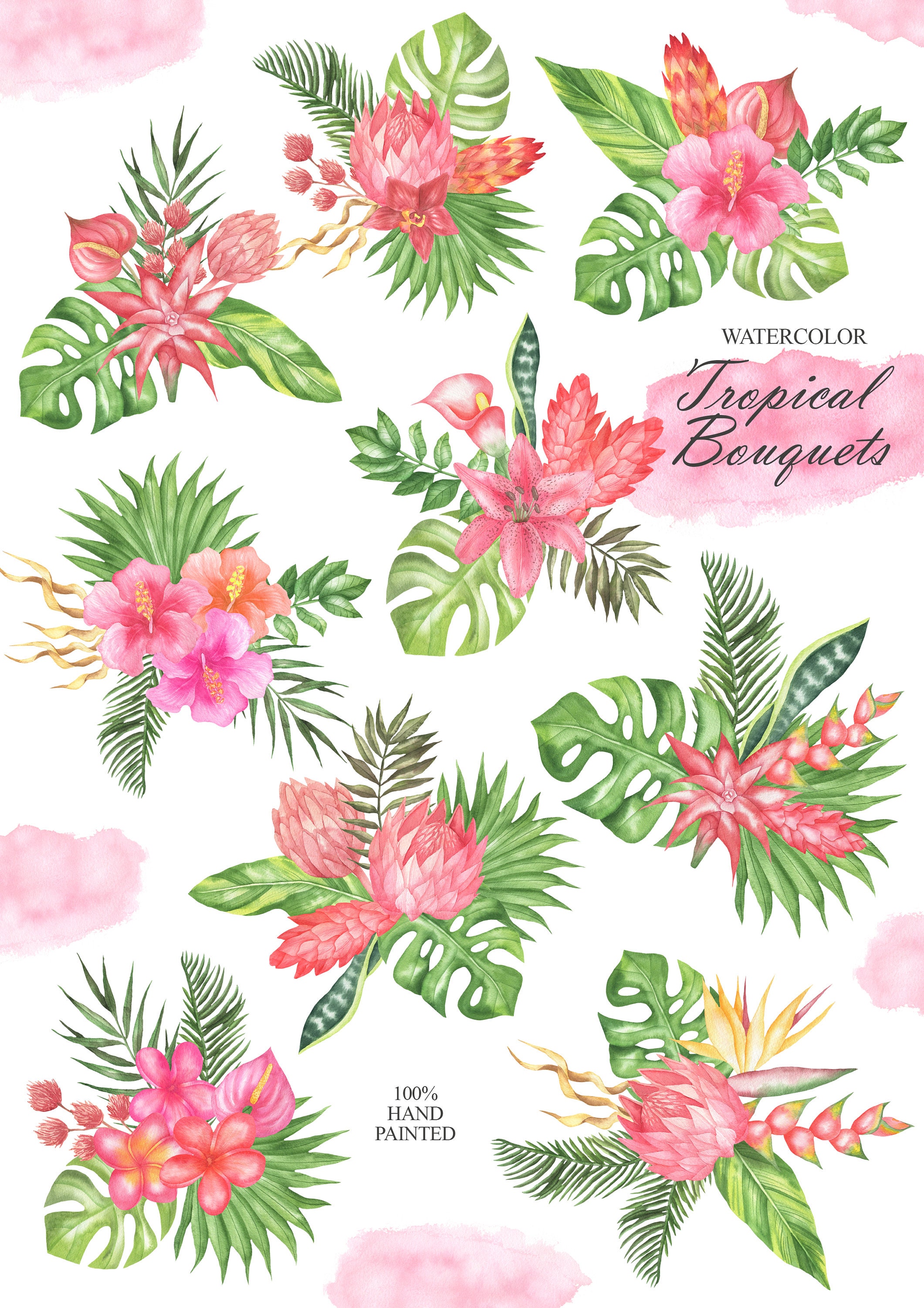 Watercolor Tropical Flowers and Leaves Bouquet Clipart, Tropical Floral ...