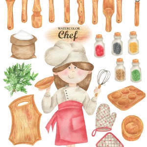 Kitchen Utensils and Chef Watercolor Clipart, Kitchen Wood Tools, Herbs ...
