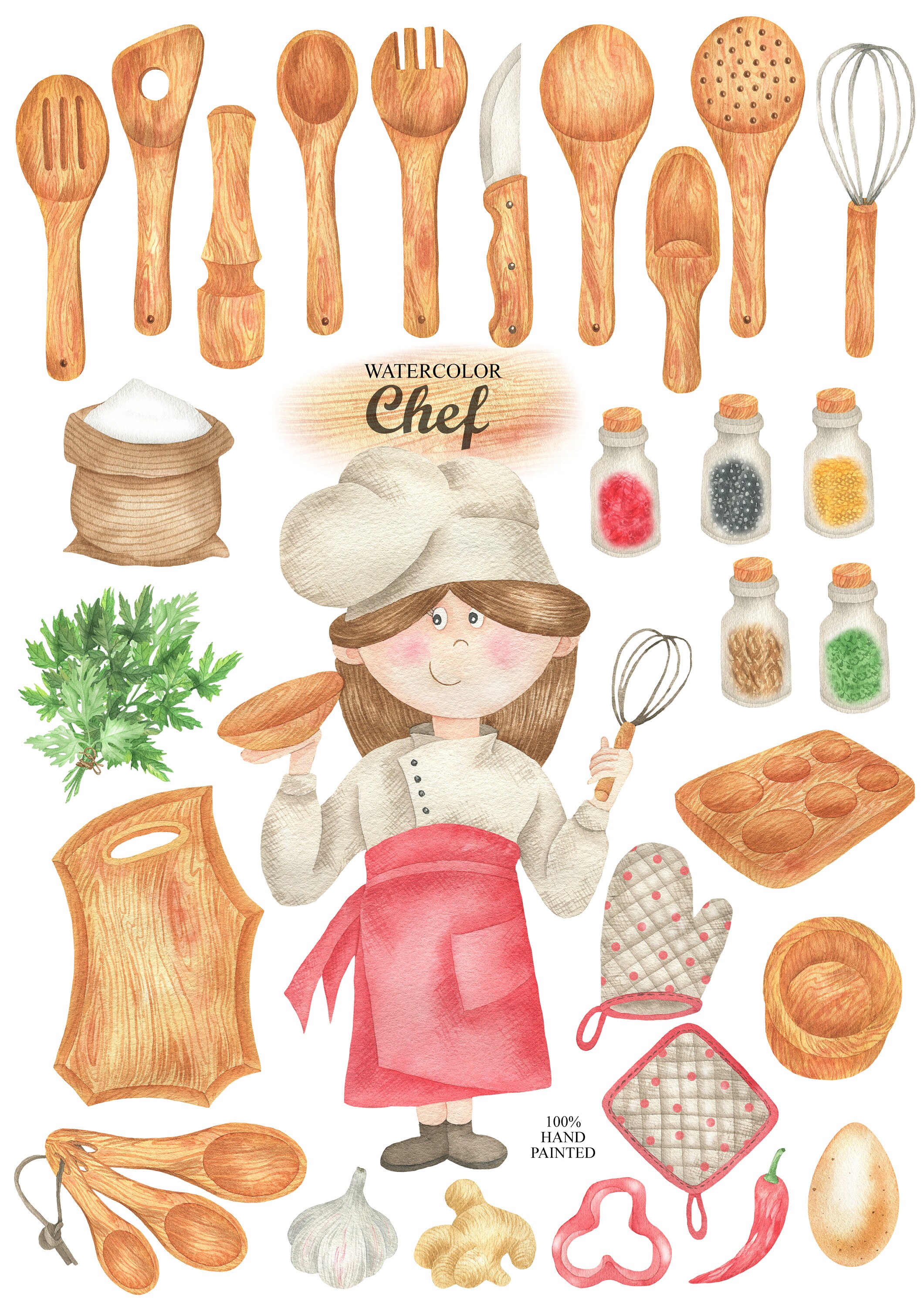 Kitchen Utensils and Chef Watercolor Clipart, Kitchen Wood Tools, Herbs ...