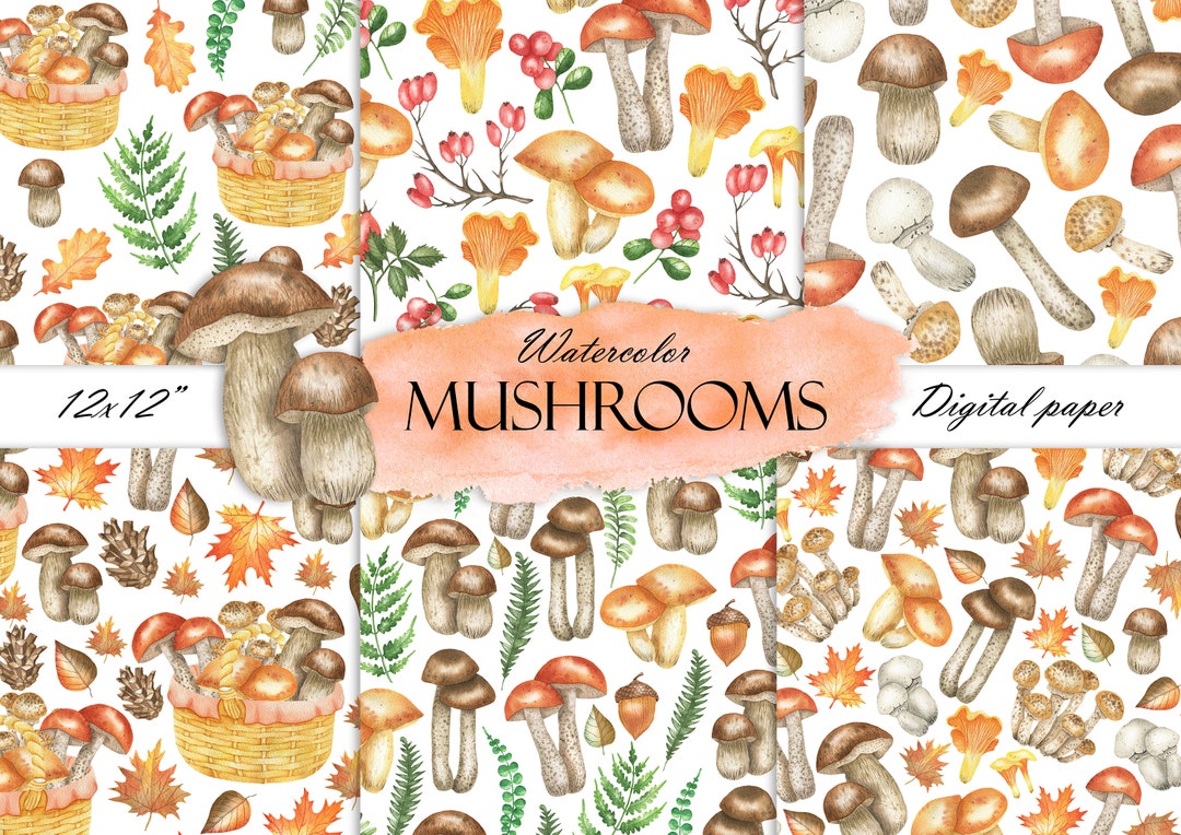 Watercolor Mushroom Digital Paper, Mushrooms Seamless Pattern, Forest ...