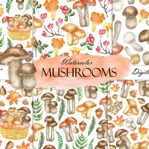 Watercolor Mushroom Digital Paper, Mushrooms Seamless Pattern, Forest ...
