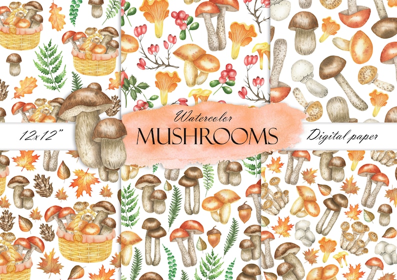 Watercolor Mushroom Digital Paper, Mushrooms Seamless Pattern, Forest ...