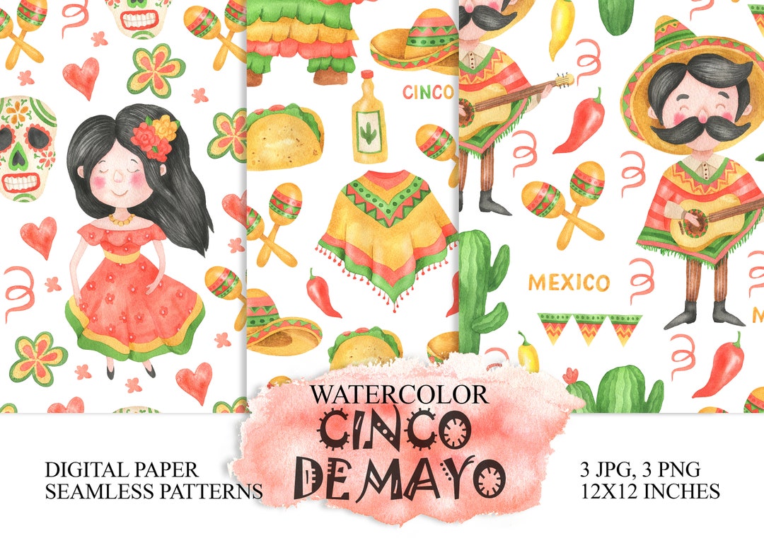 Watercolor Cinco De Mayo Digital Paper, Fiesta Seamless Patterns ...