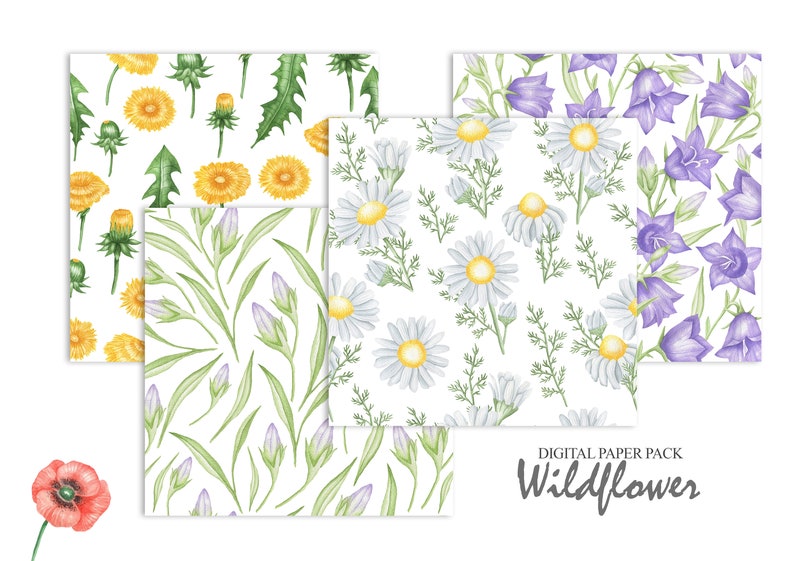 Wildflower Floral Digital Paper Pack, Watercolor Seamless Patterns of ...