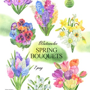 Watercolor Spring Flowers Clipart, Colored Bouquet of Tulips, Daffodils ...