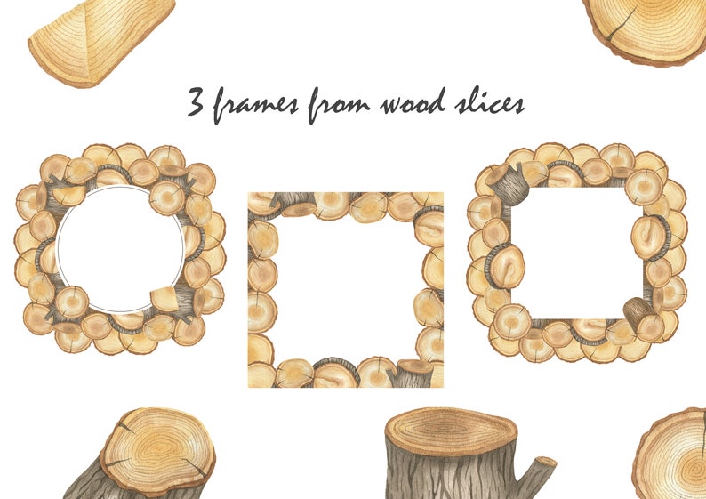 Watercolor Wood Slice Clipart, Tree Slices, Rustic Woodland Clipart ...