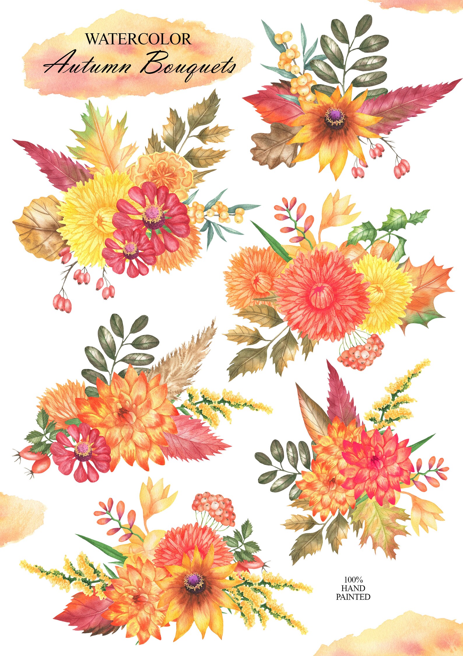 Watercolor Autumn Bouquets Clipart, Fall Autumn Flowers and Leaves ...