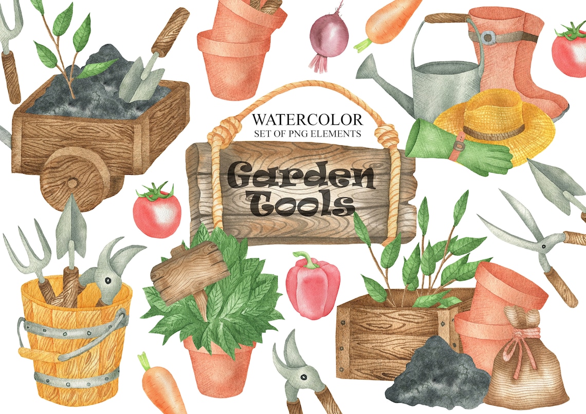 Watercolor Gardening Clipart Garden Tools and Supplies - Etsy