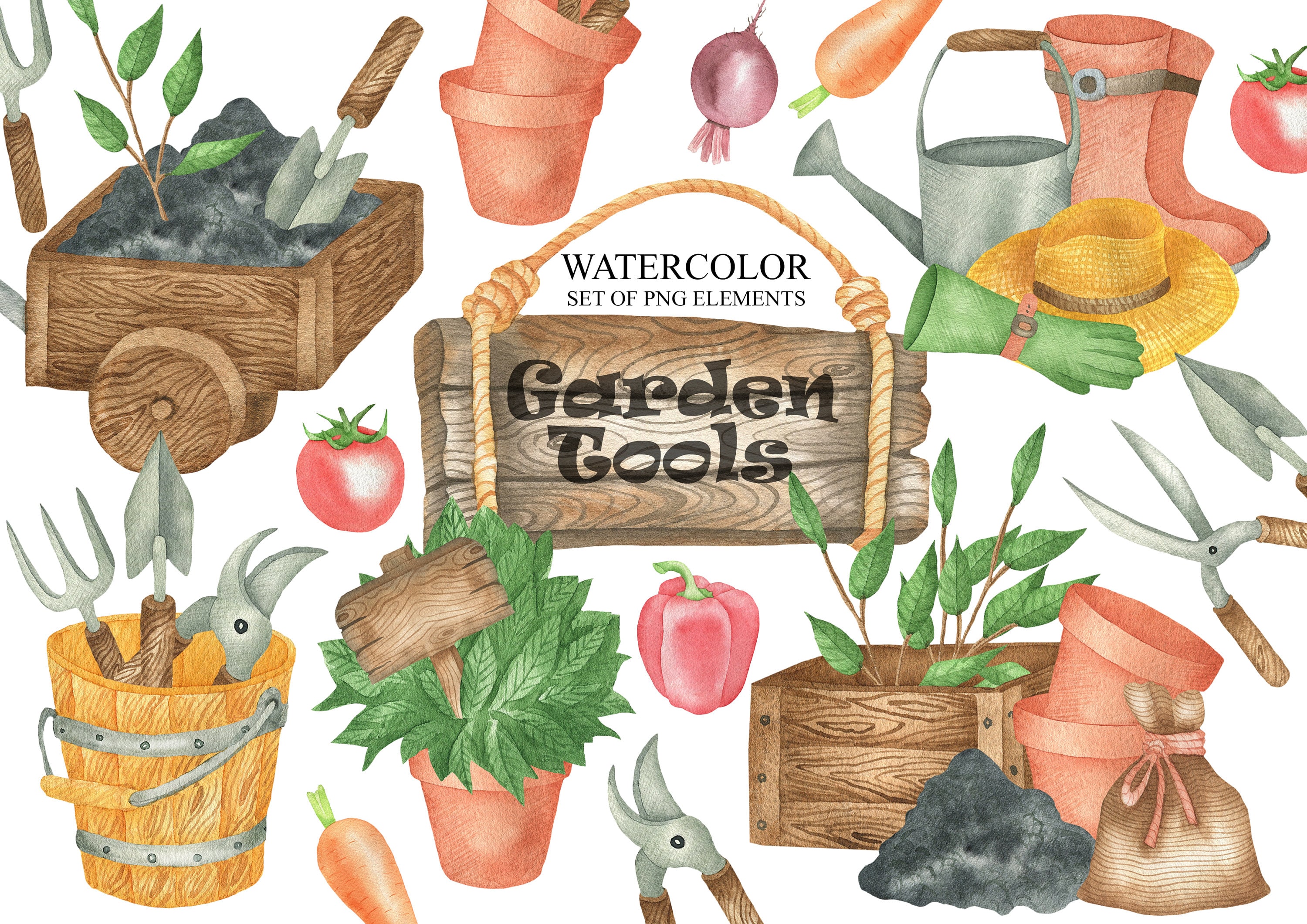Watercolor Gardening Clipart Garden Tools and Supplies - Etsy
