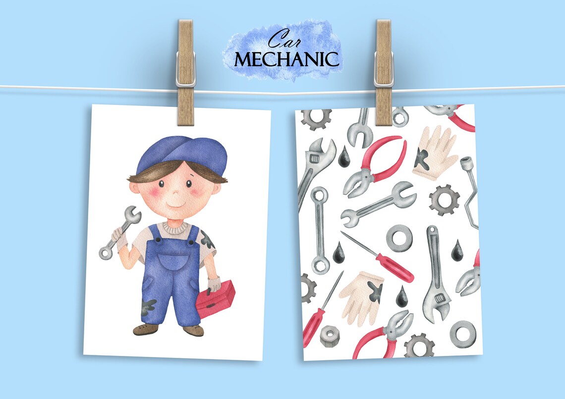 Watercolor Car Mechanic Clipart, Auto Mechanic Clip Art, Car Repair ...
