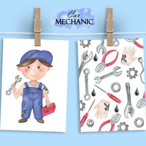 Watercolor Car Mechanic Clipart, Auto Mechanic Clip Art, Car Repair ...