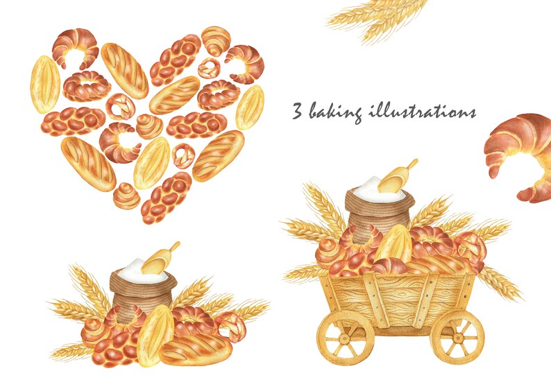 Watercolor Baking, Bread Clipart, Baked Foods, Breakfast, Dessert, Cake ...