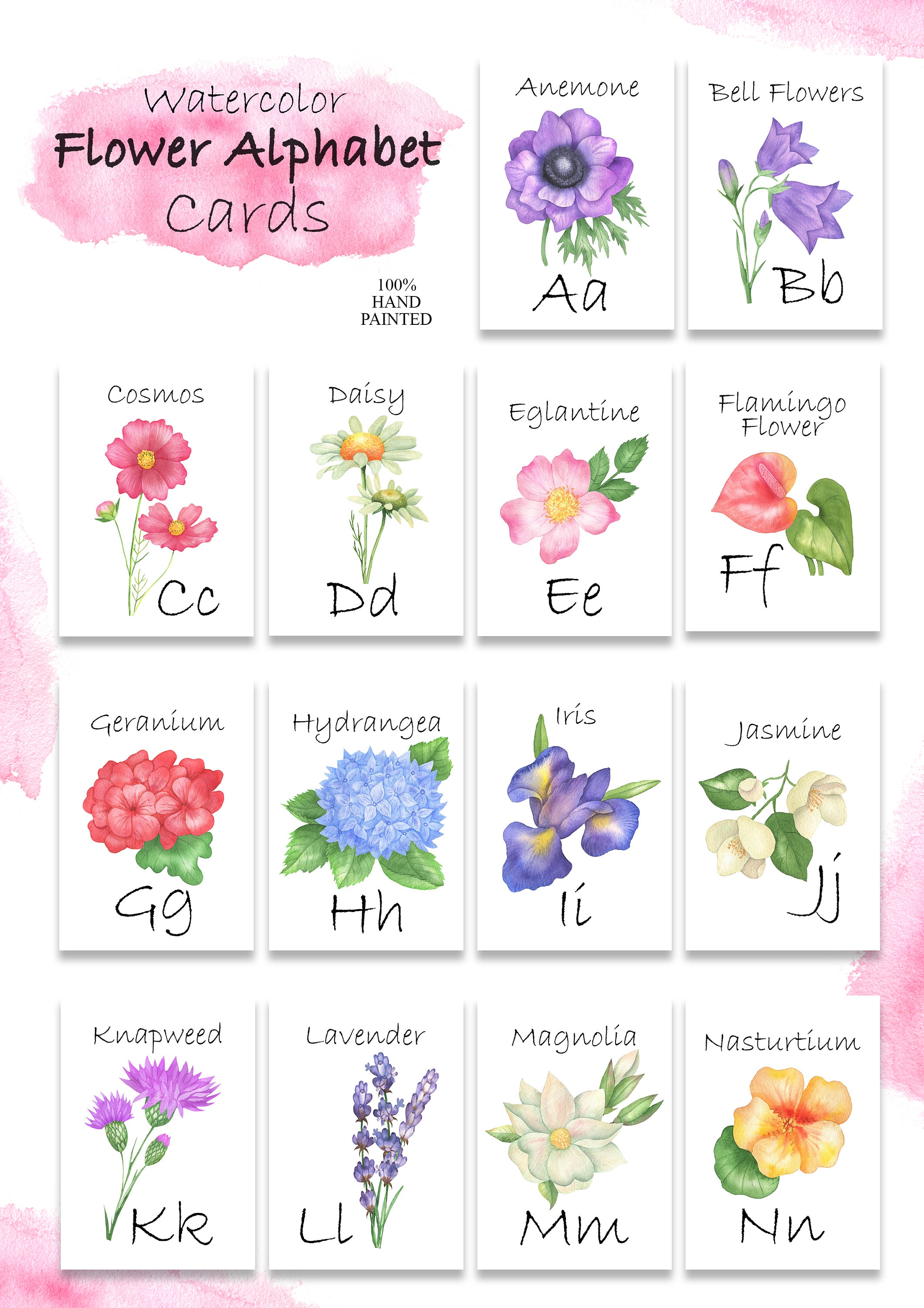 Watercolor Flower Alphabet Cards, Montessori Learning (digital Download ...