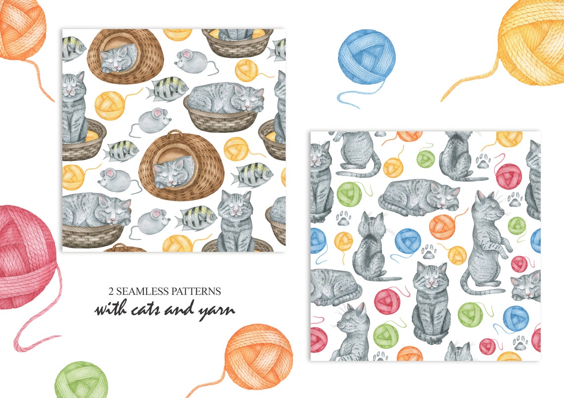 Watercolor Cats and Yarn Clipart, Kittens Clip Art, Pet Portrait ...