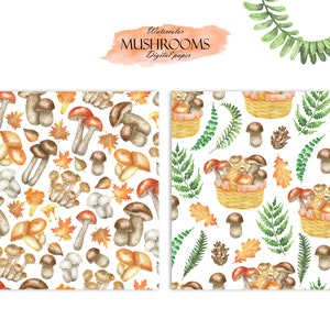 Watercolor Mushroom Digital Paper, Mushrooms Seamless Pattern, Forest ...