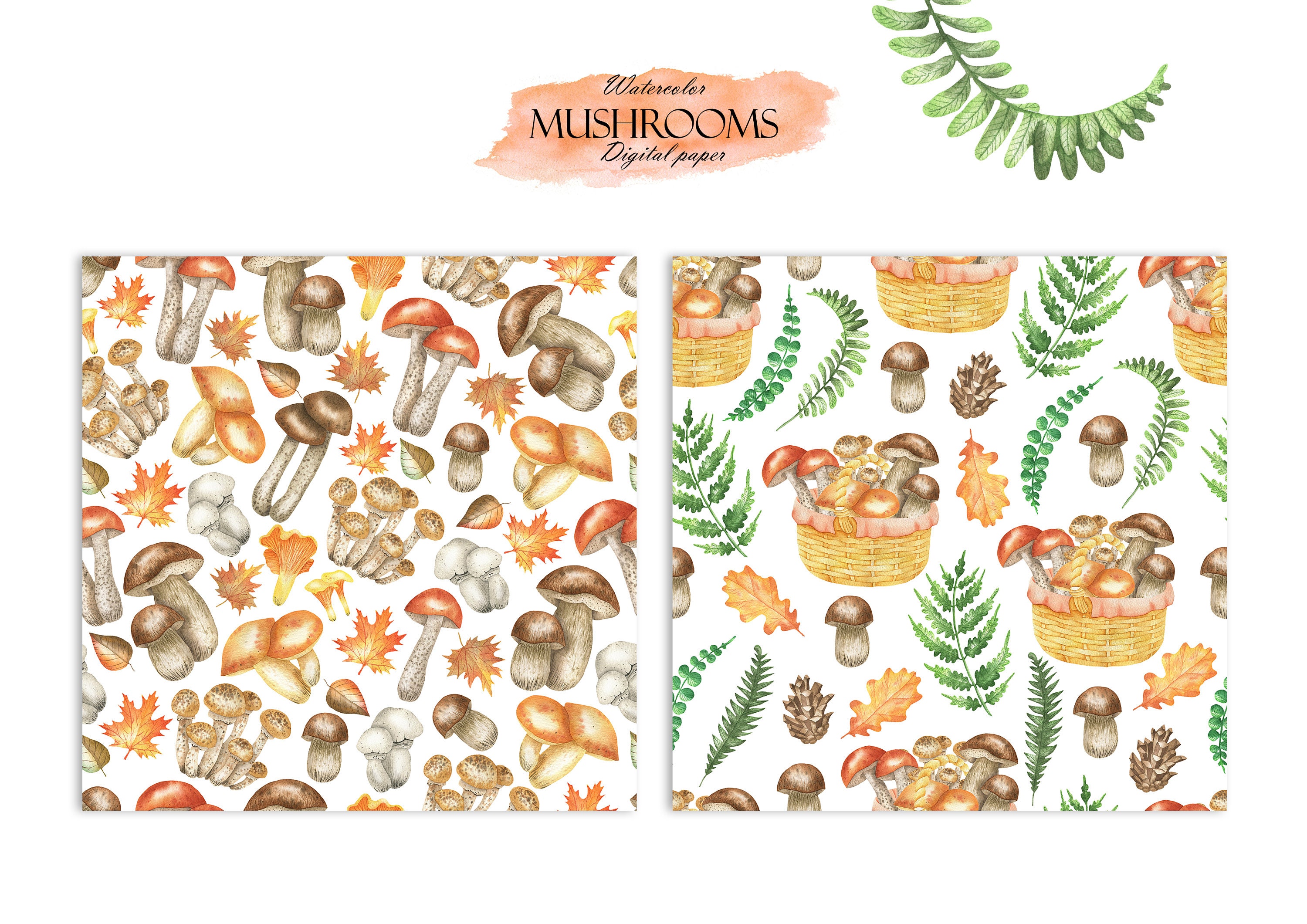 Watercolor Mushroom Digital Paper, Mushrooms Seamless Pattern, Forest ...