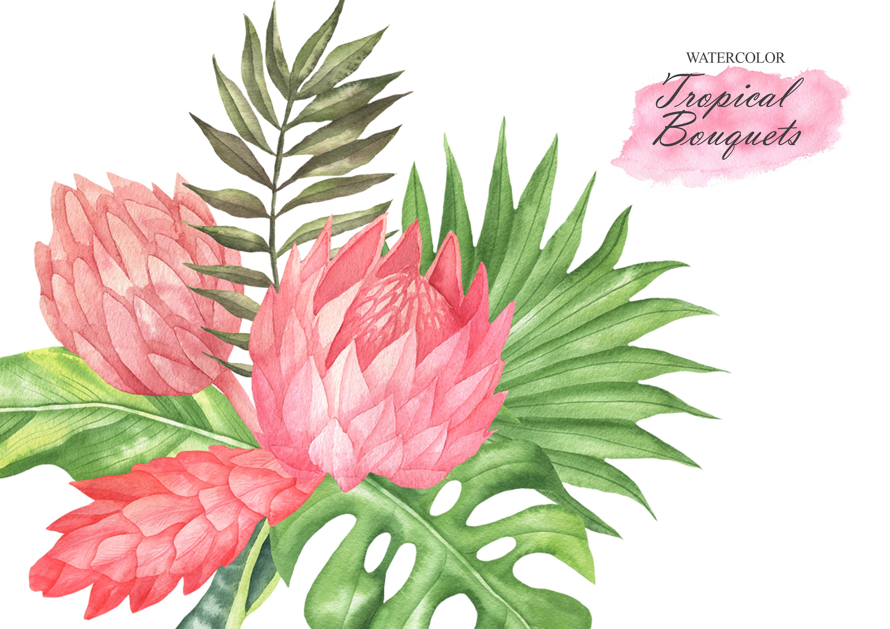 Watercolor Tropical Flowers and Leaves Bouquet Clipart, Tropical Floral ...