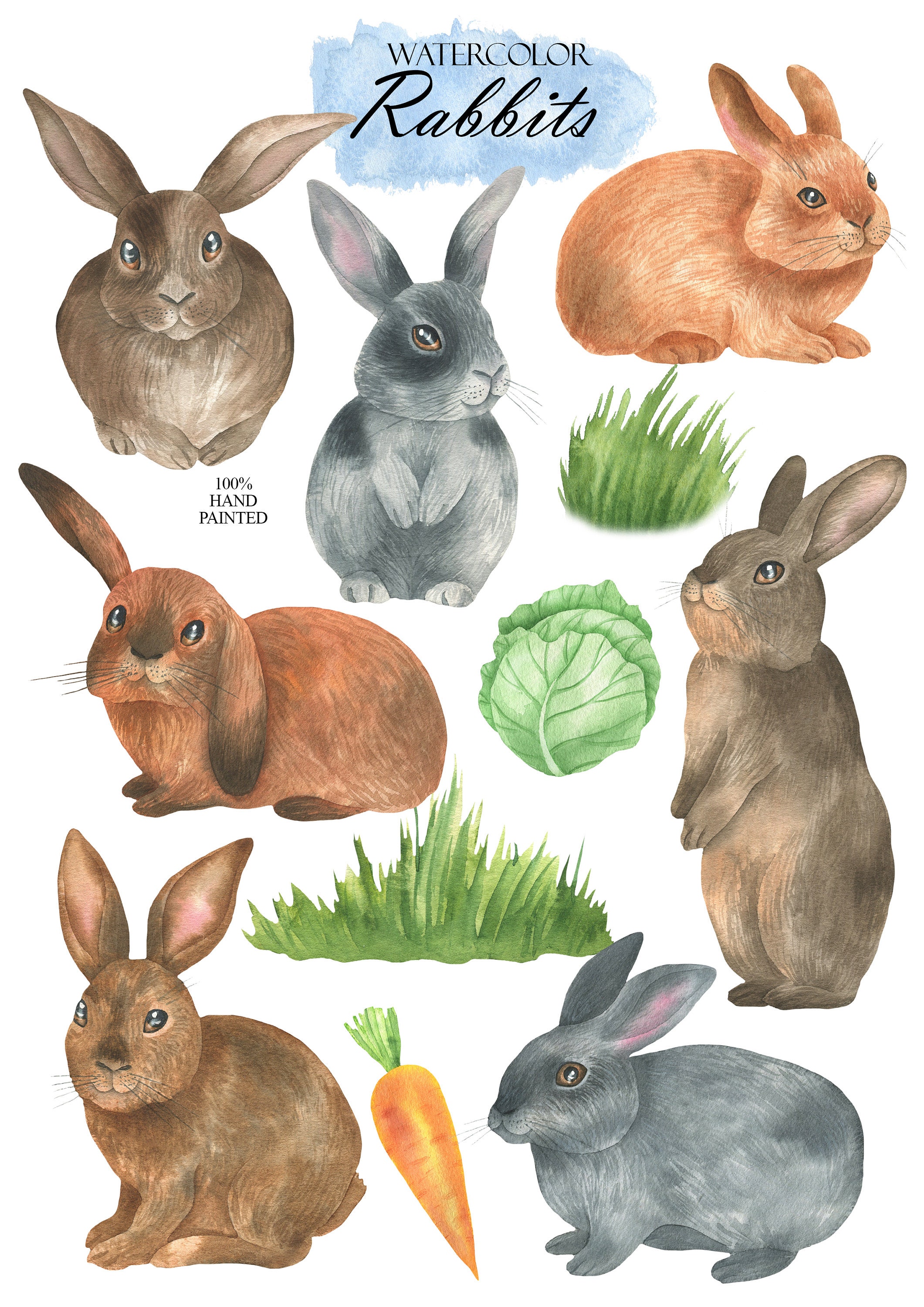 Watercolor Rabbits Clipart, Сolorful Bunnies, Pet Clipart, Easter Bunny ...