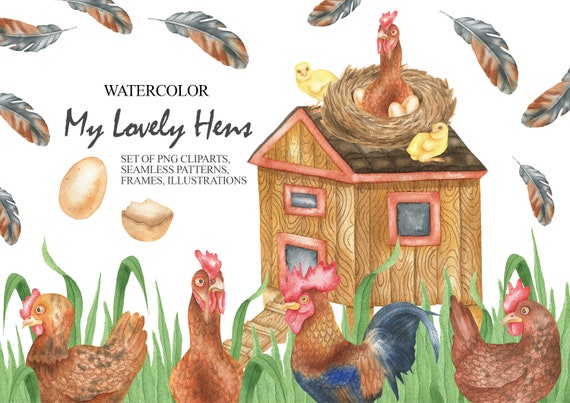 Watercolor Hens And Chickens Clipart Farm Animals Clipart | Etsy