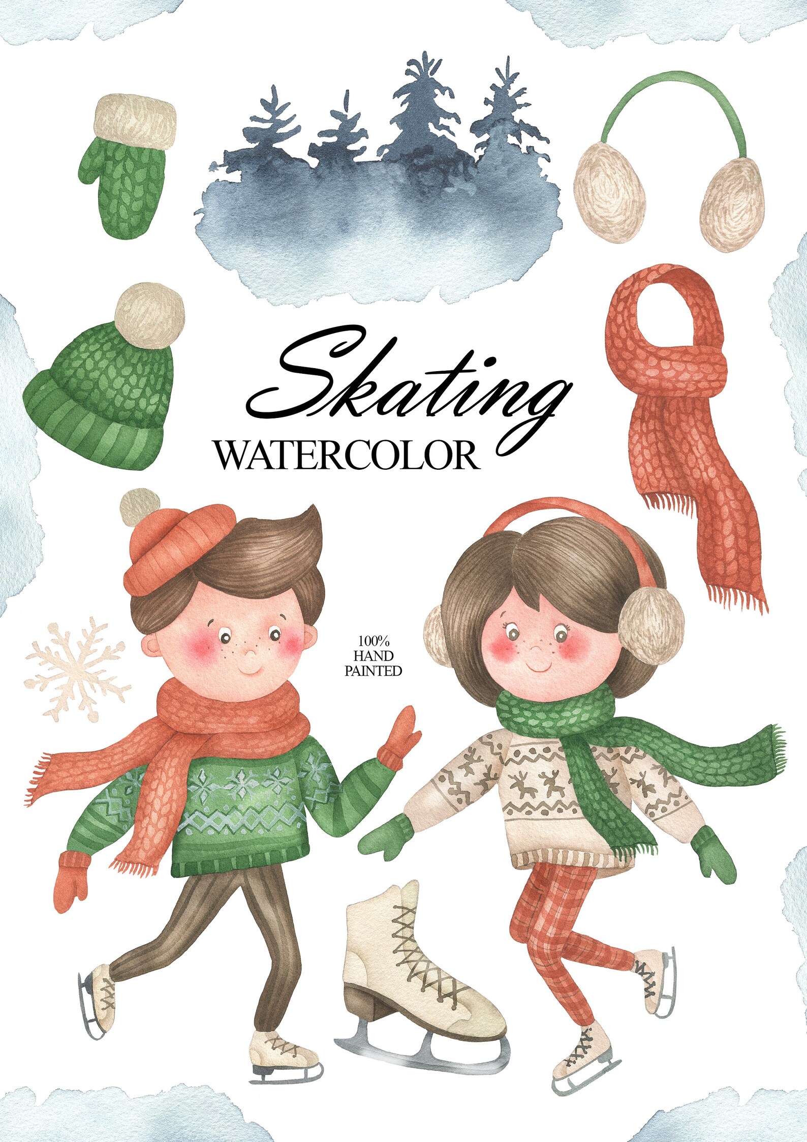 Watercolor Ice Skating Clipart, Ice Skaters Characters Clipart, Winter ...