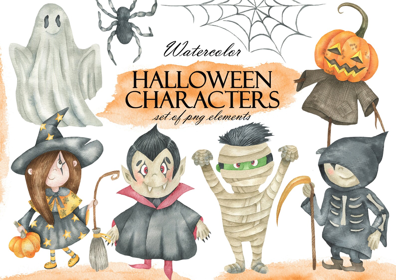 Watercolor Halloween Characters Clipart, Halloween Zombie, Witch ...