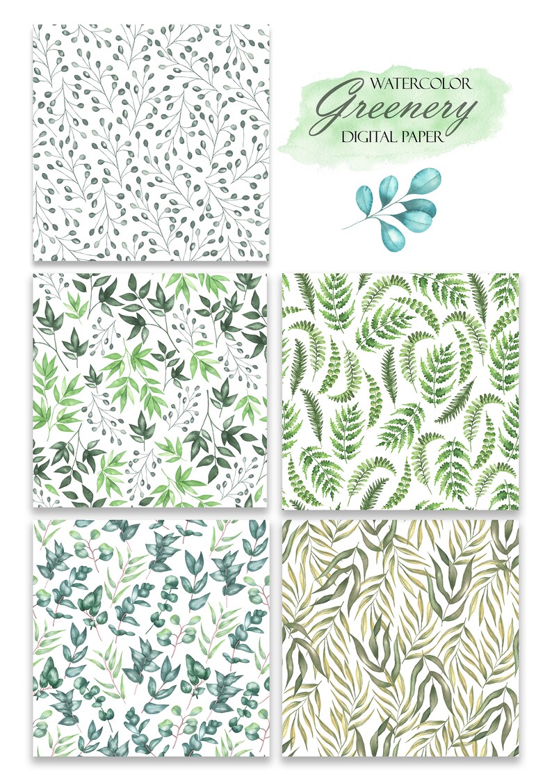 Watercolor Greenery Digital Paper, Green Leaves Seamless Pattern ...