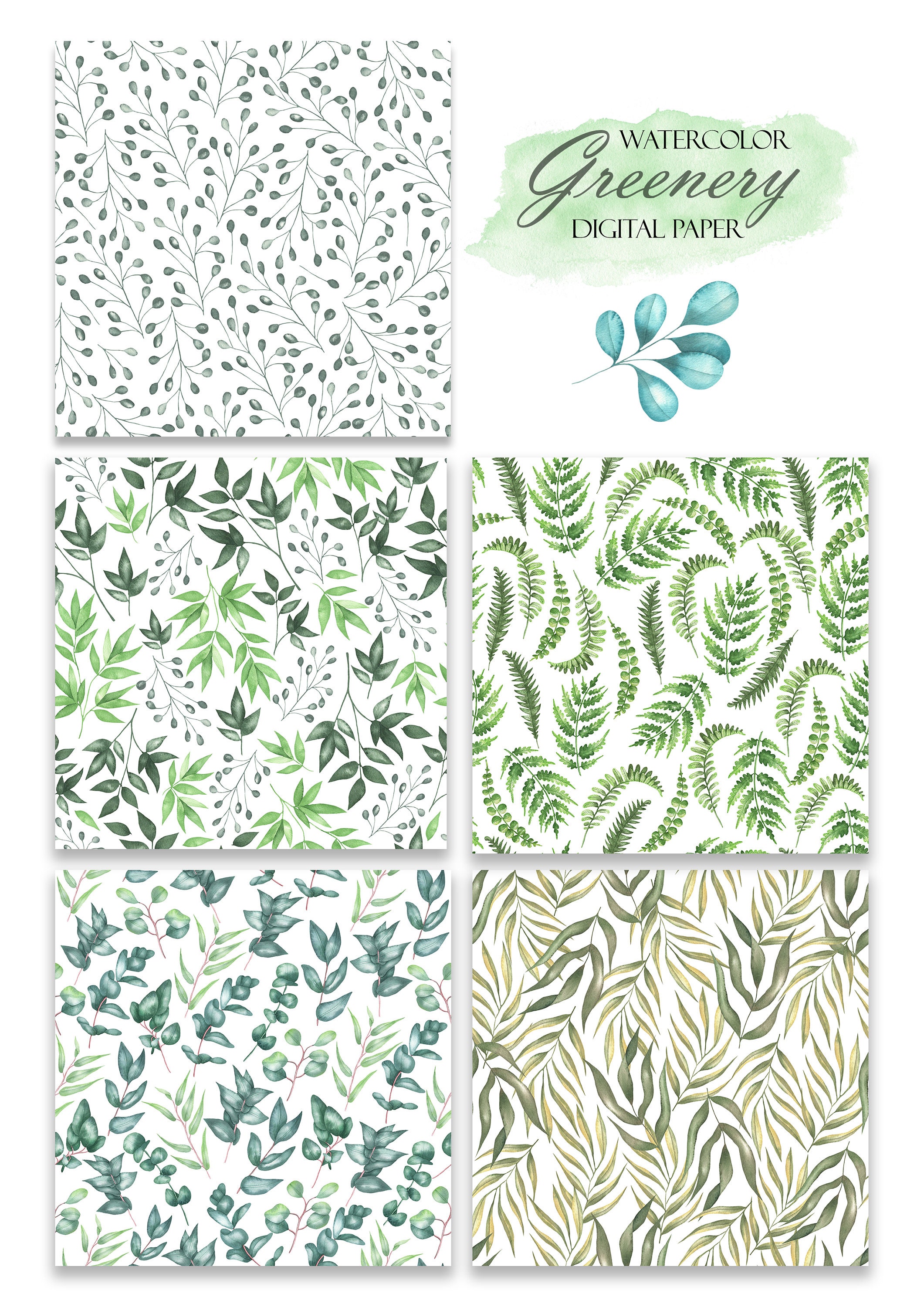 Watercolor Greenery Digital Paper, Green Leaves Seamless Pattern ...