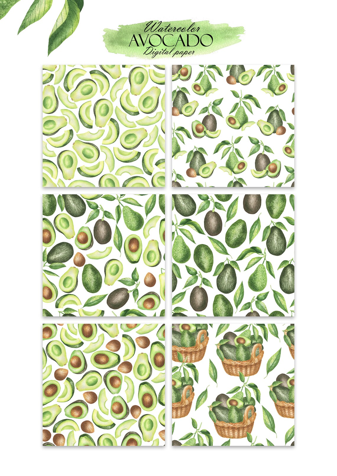 Watercolor Avocado Digital Paper, Avocado Seamless Pattern, Summer ...