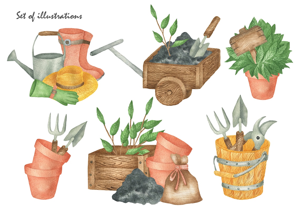 Watercolor Gardening Clipart Garden Tools and Supplies - Etsy