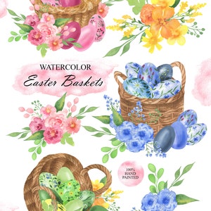 Watercolor Easter Basket Clipart, Easter Floral Eggs Clip Art, Easter ...