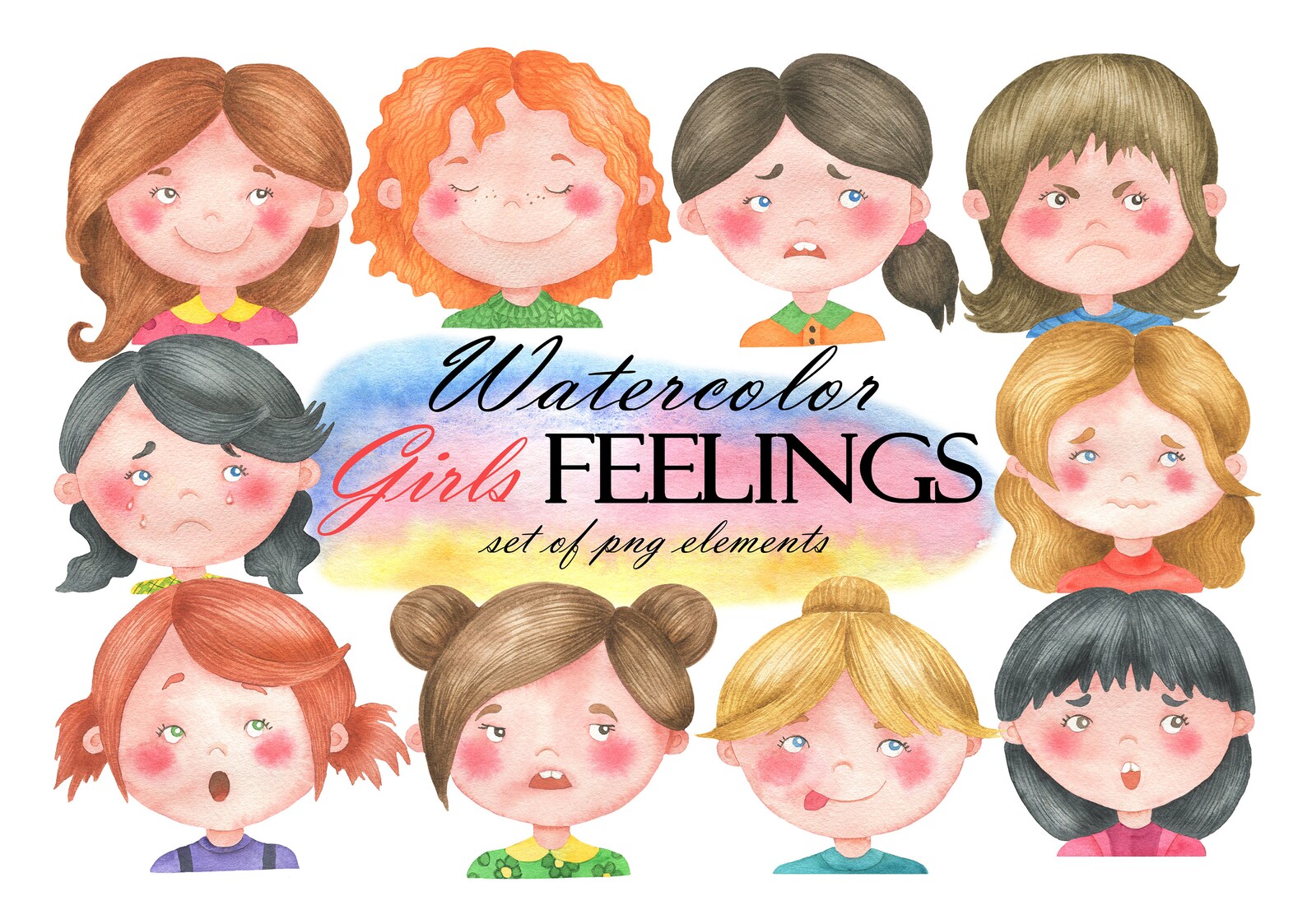 Watercolor Emotions Clipart, Feelings Clip Art, Girl Faces, Montessori ...