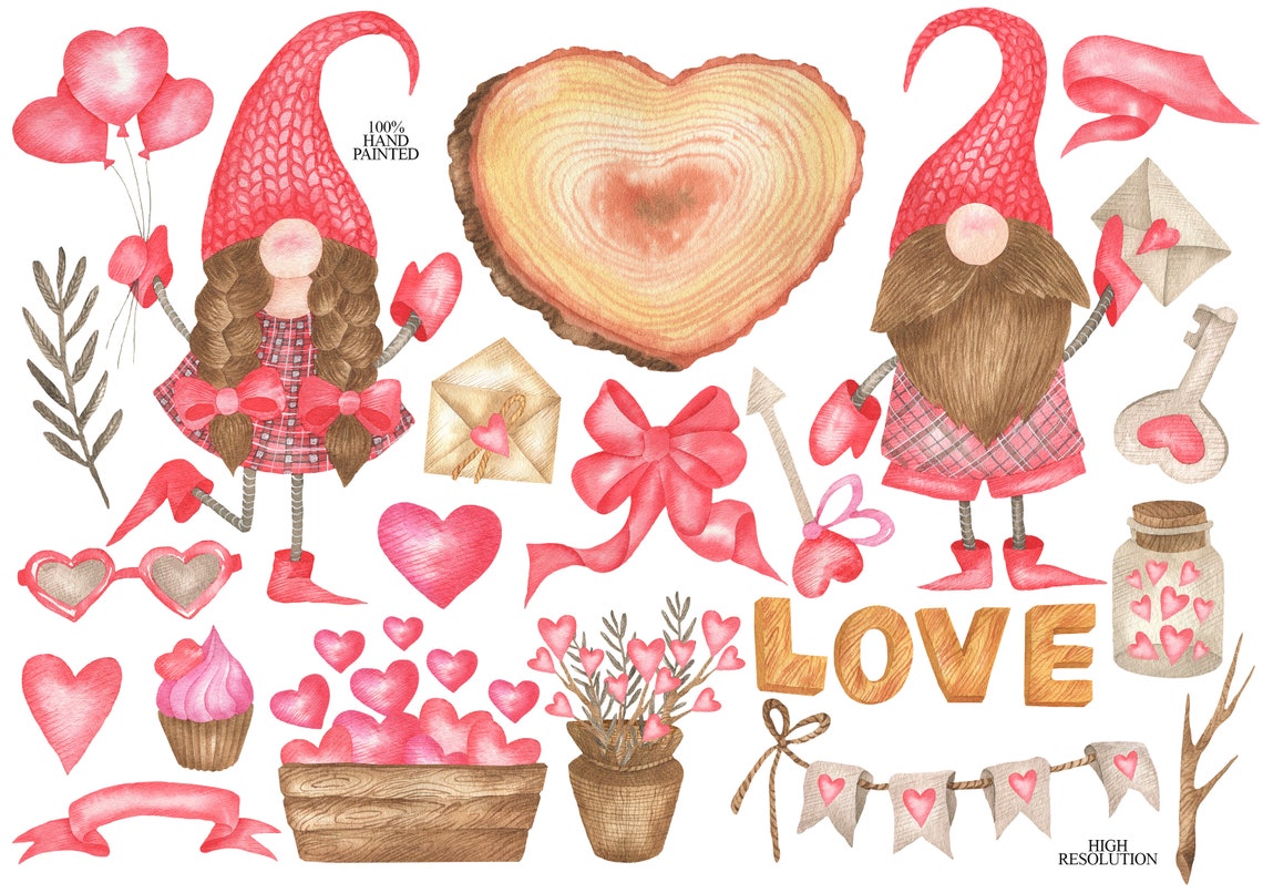 Valentine Day Gnomes Clipart Watercolor Scandinavian Gnomes - Etsy