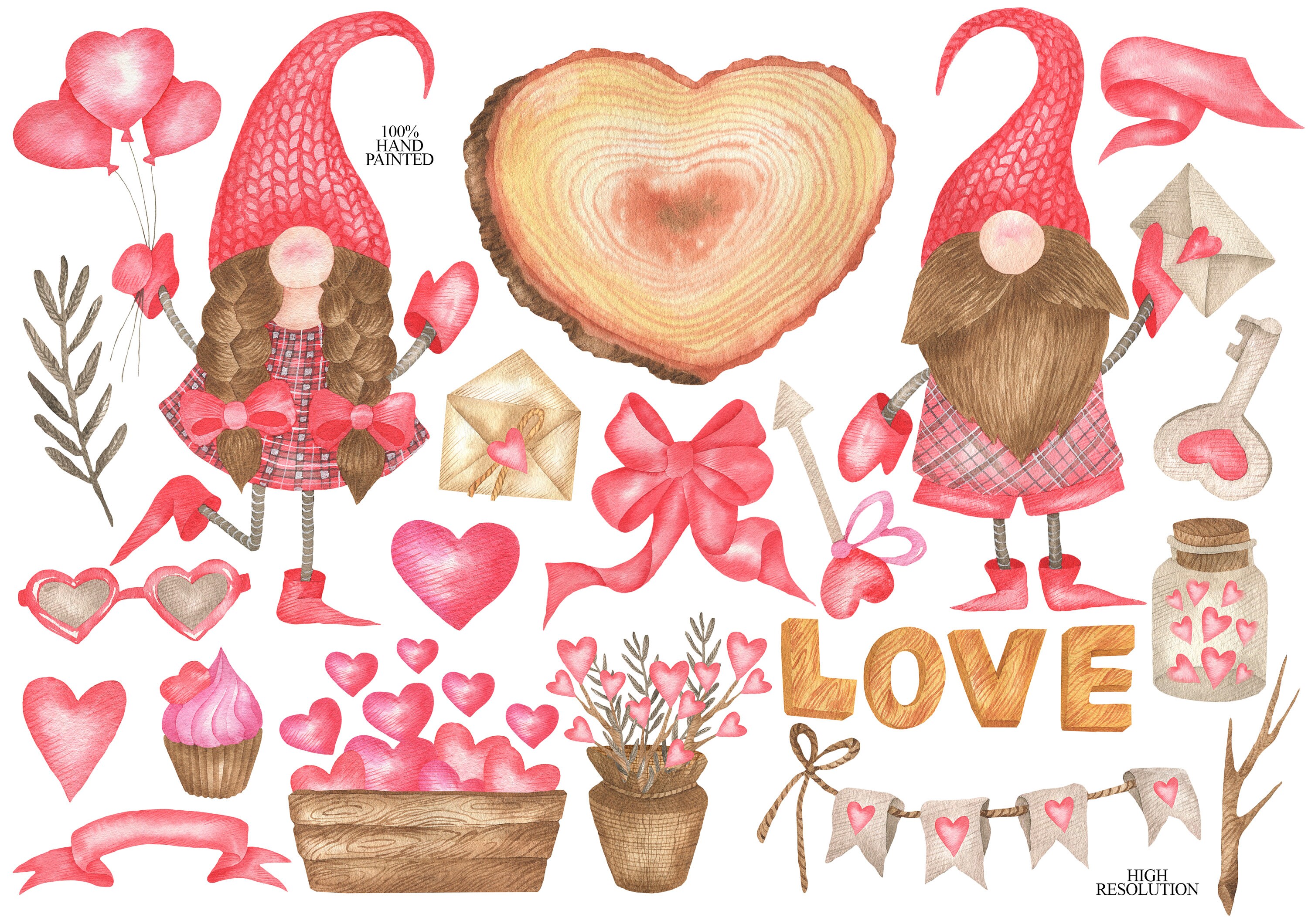 Valentine Day Gnomes Clipart, Watercolor Scandinavian Gnomes and Red ...