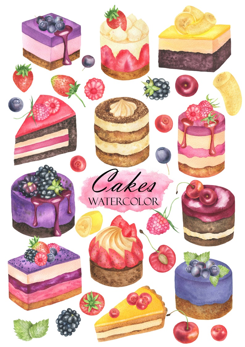 Watercolor Cake Clipart Sweet Dessert Clip Art Baking - Etsy