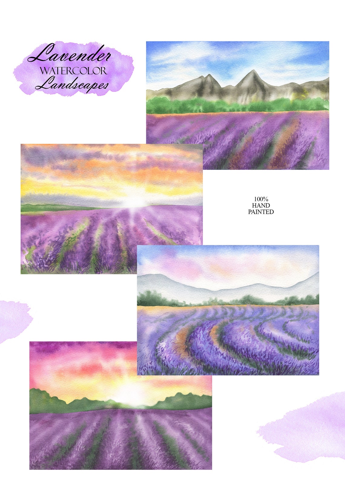 Watercolor Lavender Landscape Clipart Lavender Background - Etsy