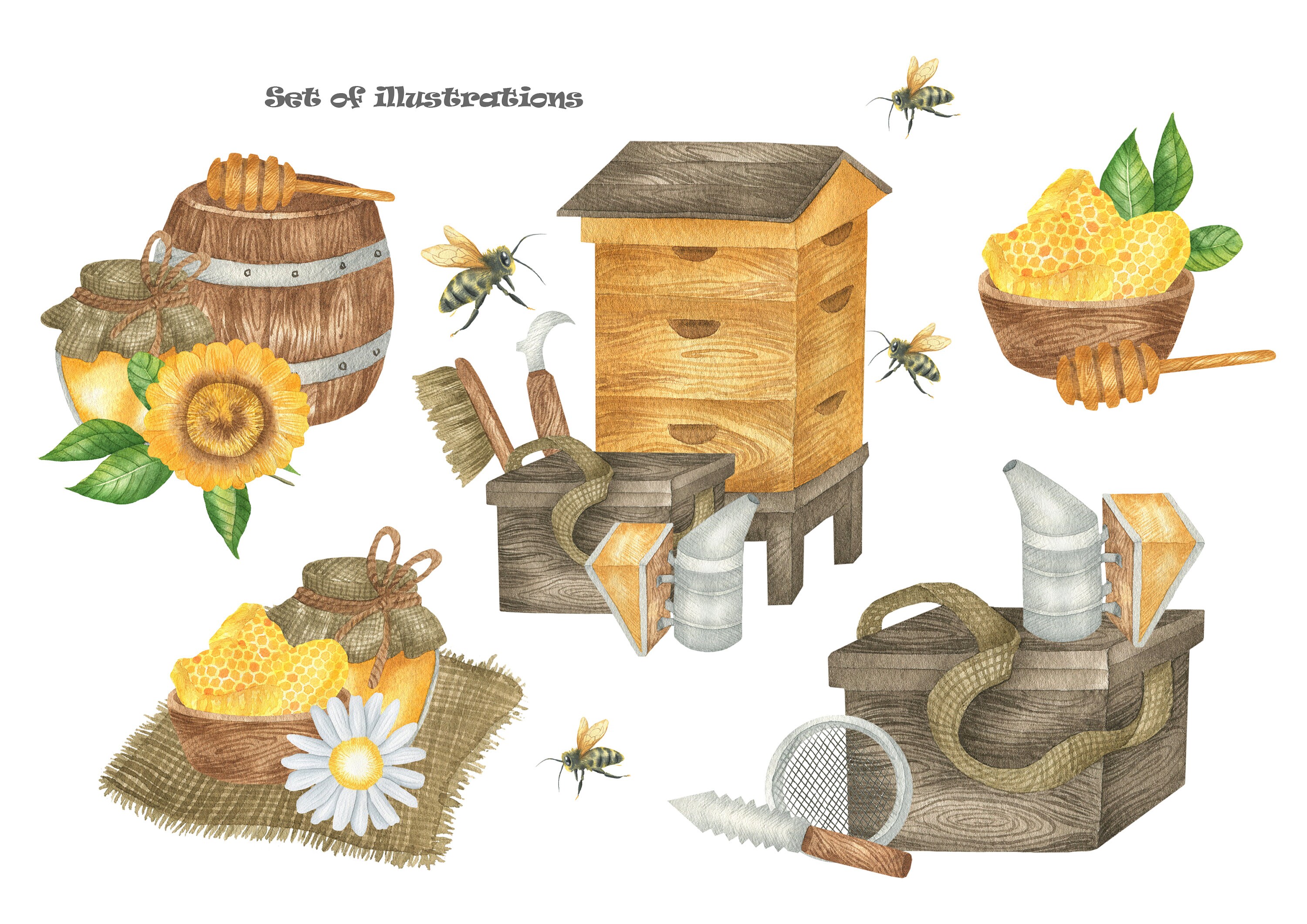 Watercolor Honey Bee Clipart, Honeycomb, Beehive, Beekeeper's Tools ...