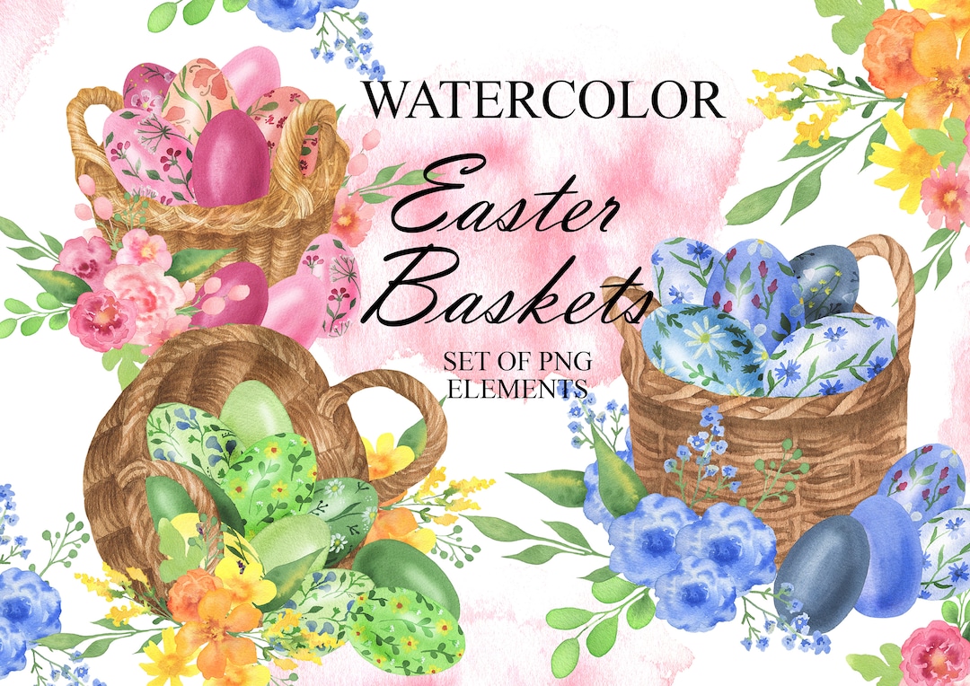 Watercolor Easter Basket Clipart, Easter Floral Eggs Clip Art, Easter ...