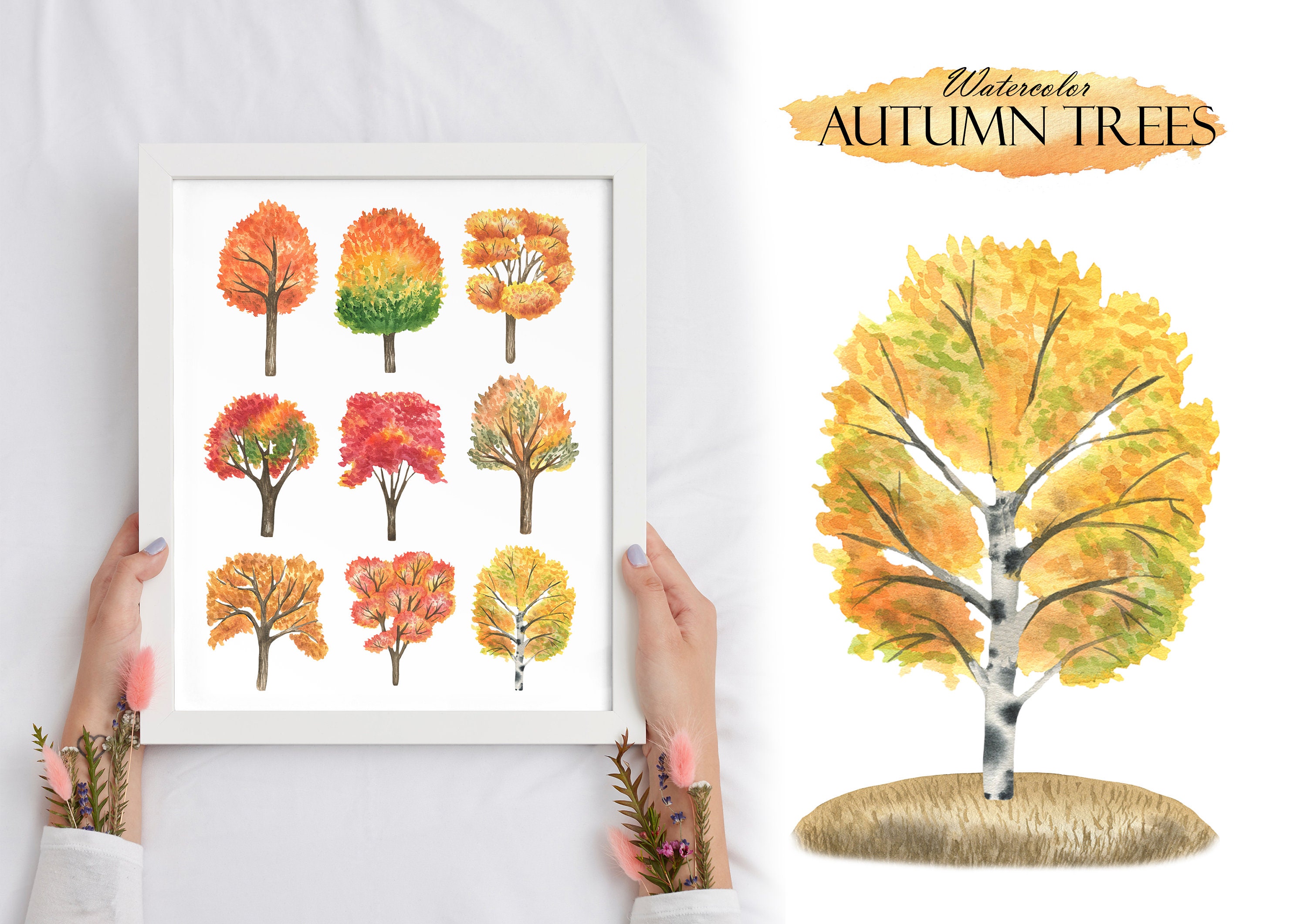 Fall Tree Watercolor Clipart, Autumn Forest Trees Landscape Clip Art ...