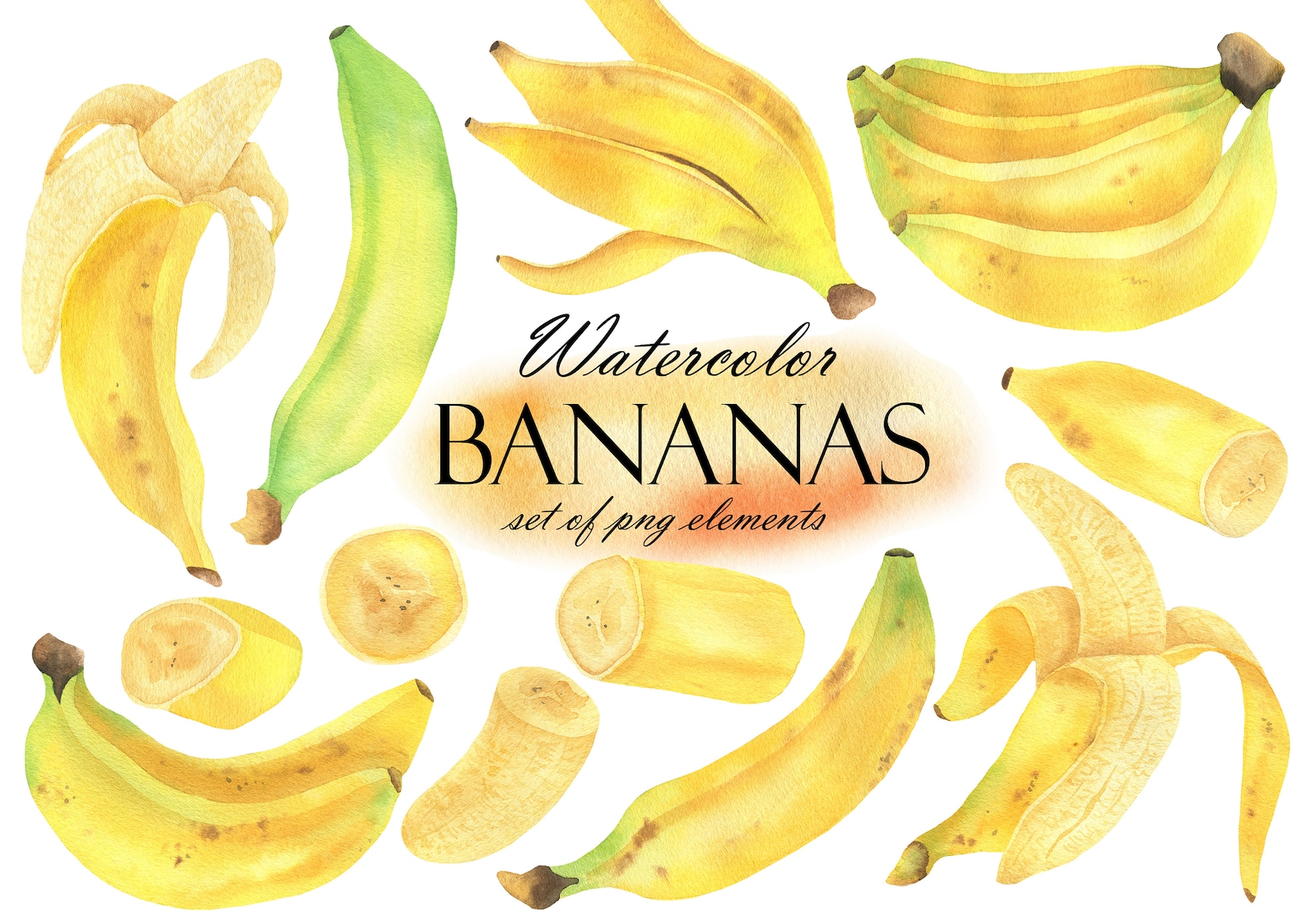 Watercolor Banana Clipart, Fresh Banana Slices, Yellow Banana Tropical ...